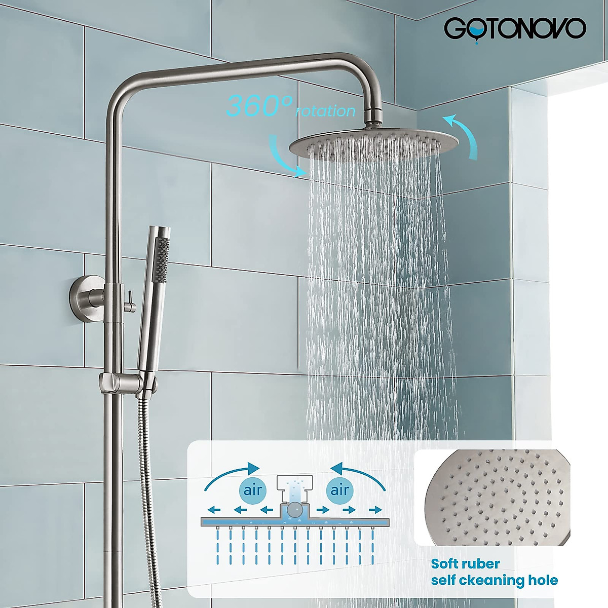 gotonovo Stainless Steel SUS304 Shower Faucet 8 Inch Rainfall Shower Head Cylinder Handle Brushed Nickel Exposed Shower Fixture Wall Mount Shower System With Hand Spray