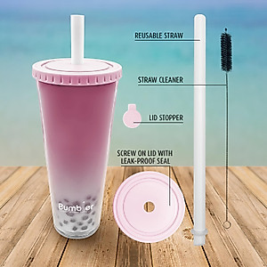 No Leak Reusable Boba Tea Cup | Tumbler in cute and unique Colors | 24 oz Large Double Wall Insulated | Wide Straw with lid and straw cleaner | Perfect for bubble milk tea or Smoothies - Blush Pink