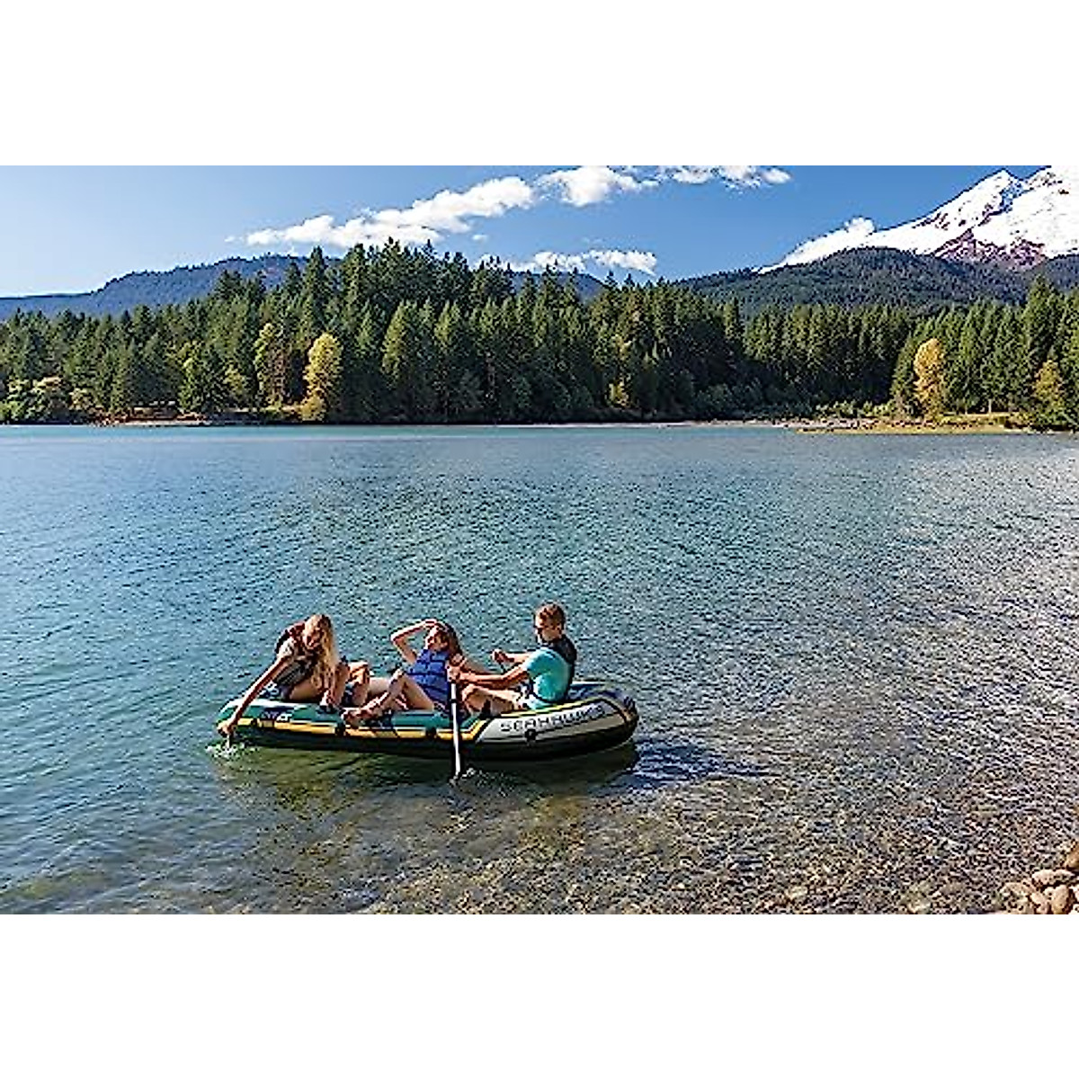 INTEX 68380EP Seahawk 3 Inflatable Boat Set: Includes Deluxe 54in Aluminum Oars and High-Output-Pump – SuperStrong PVC – Fishing Rod Holders – 3-Person – 790lb Weight Capacity