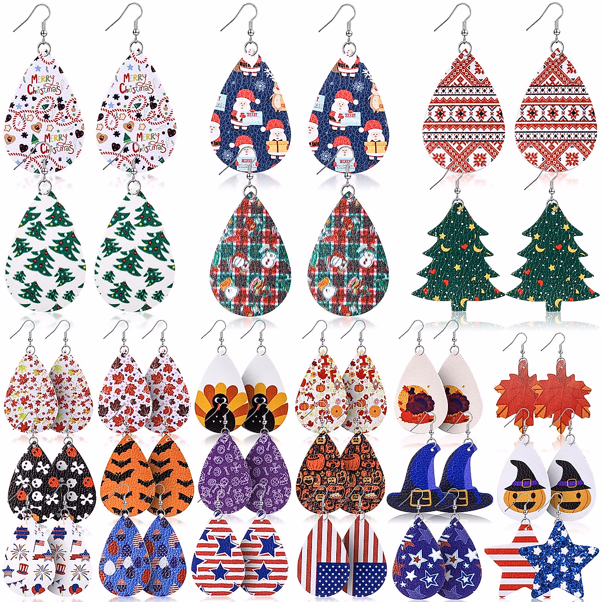 Otuuz 24 Pairs Christmas Earring Santa Christmas Tree Pumpkin Faux Leather Earrings Dangle Lightweight Teardrop Earrings Thanksgiving New Year Party Decorations for Women