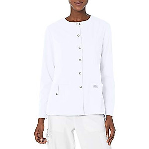 Dickies womens Xtreme Stretch Crew Neck Snap Front Warm-up Medical Scrubs Jacket, White, Medium US