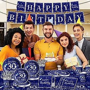 GREHUMOR 142 Pcs 30th Birthday Tableware Set Decorations Sliver and Blue 30th Happy Birthday Party Supplies for Men Women Birthday Tablecloth,Plates, Napkins, Cups,Forks and Knives