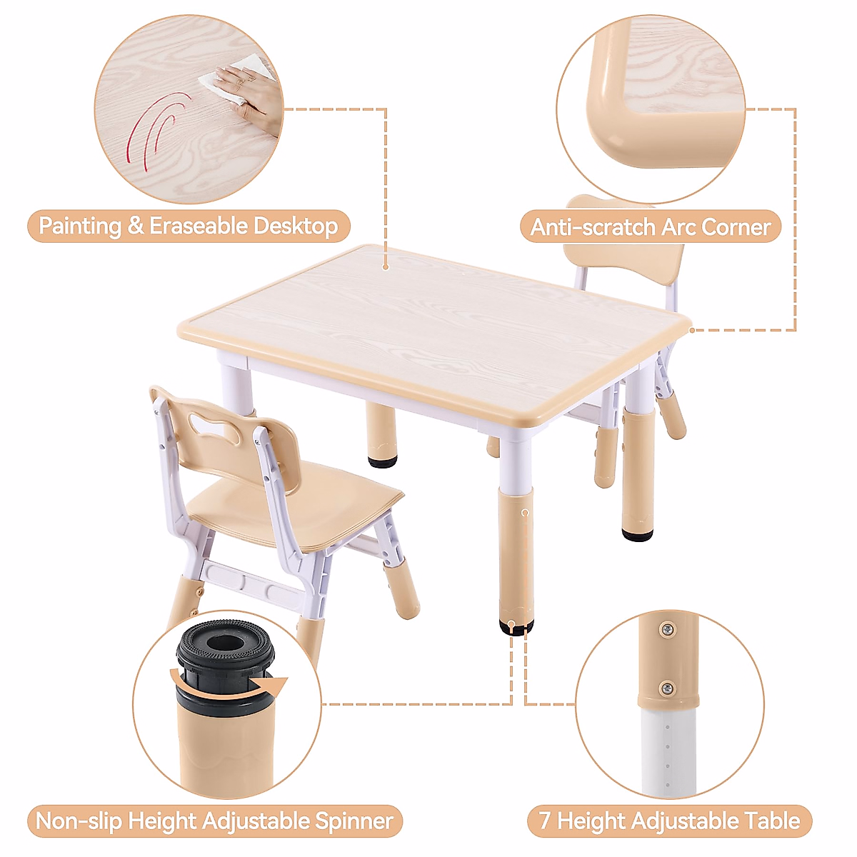 DOREROOM Kids Table and 2 Chairs Set, Height-Adjustable Toddler Table and Chair Set with Graffiti Desktop, 31.5''L x 23.6''W Children Activity Table for Daycare, Classroom, Home