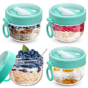 4 Pcs Overnight Oats Container with Lids and Spoons, 20 oz Plastic Overnight Oats Jars Large Capacity Airtight Yogurt Container for Milk, Fruit, Cereal and Salad Storage (Cyan)