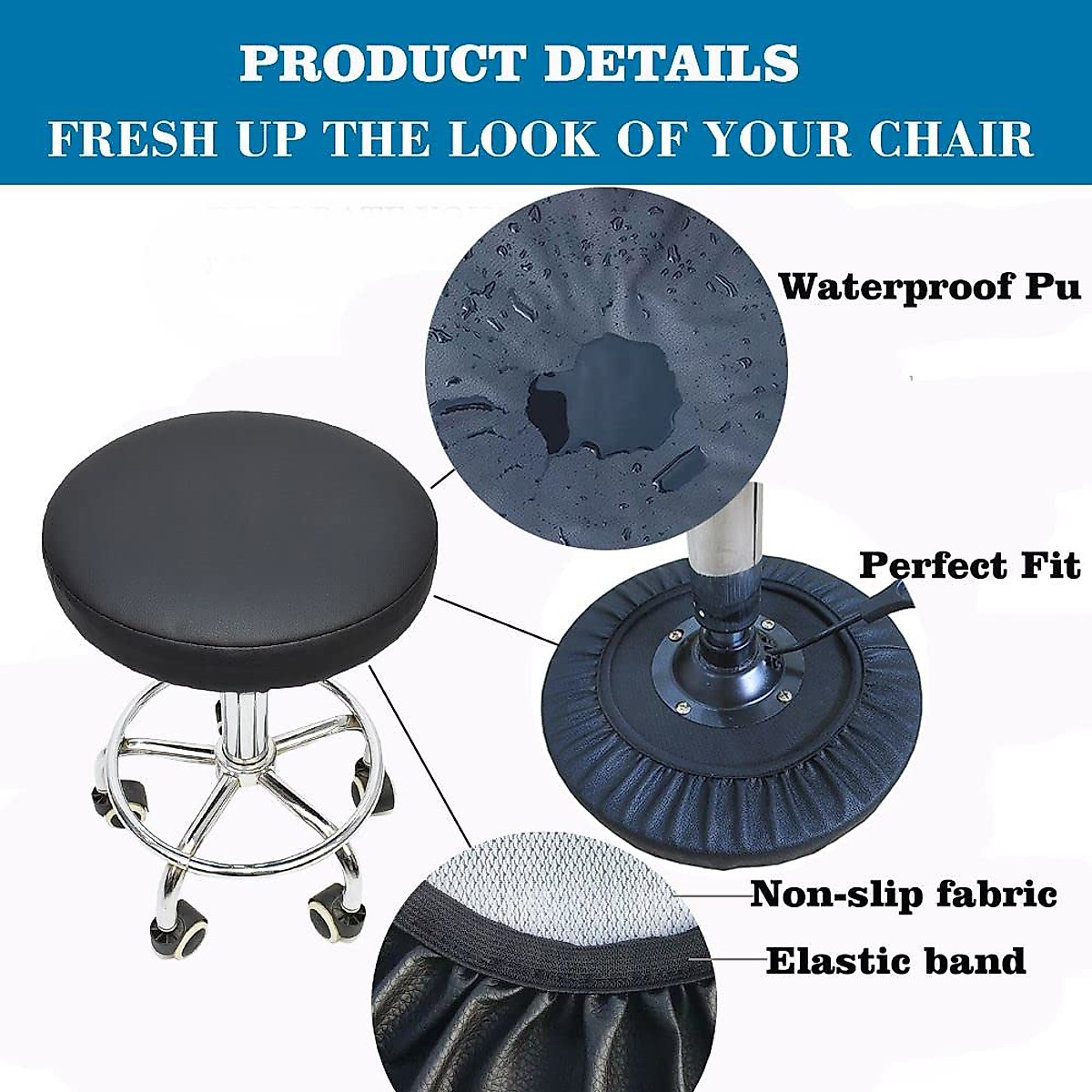 ANWUCHEN Stool Covers Round, 2 Pack Waterproof PU Leather Round Bar Stool Covers Anti-Slip Round Bar Stool Seat Cover with Elastic Bands Durable Round Chair Cover for 14-15 Inch Round Chair (Black)