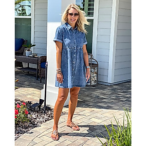 LookbookStore Denim Dress Womens Denim Babydoll Dress Short Sleeve Oversized Dress Lapel Collared Casual Dress for Women Summer Reef Blue Size L Babydoll Jean Dress Size 12, 14