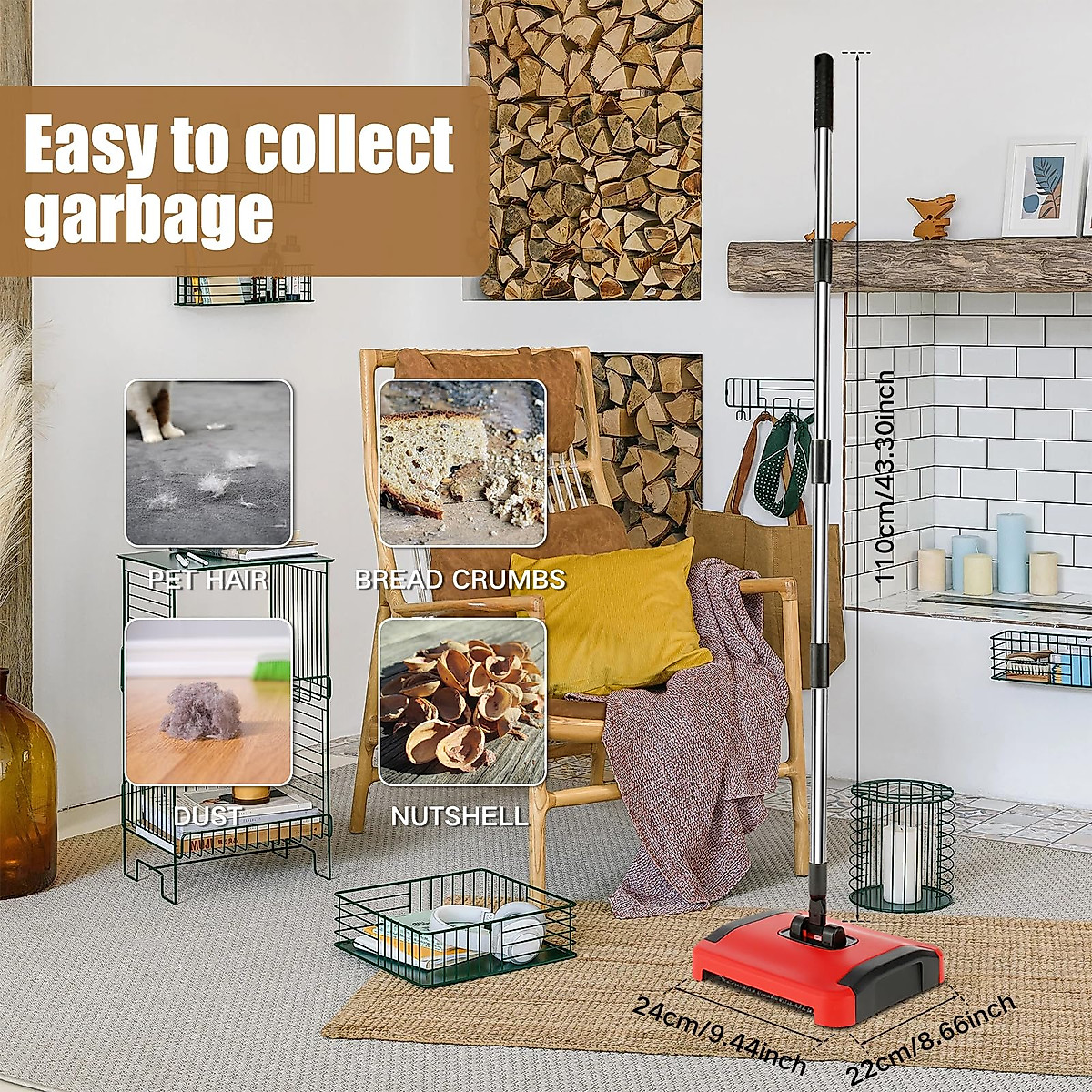 Carpet Floor Sweeper with Horsehair, Manual Carpet Sweeper Cleaner, Non-Electric Carpet Broom Sweeper Efficient Hand Push Carpet Sweeper Rug Roller Brush Push for Cleaning Pet Hair Loose Debris Lint