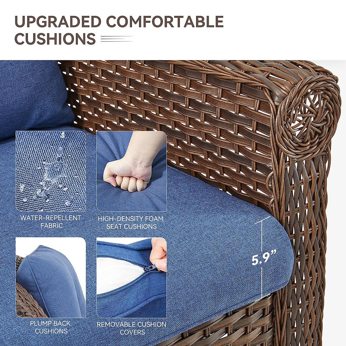 Bellefurn Patio Wicker Sofa Brown Rattan Loveseat Outdoor Couch with Chrysanthemum Armest & Water Resistant Cushions Sofa for Garden Balcony Backyard Poolside, Blue Cushions Loveseat(1PC)