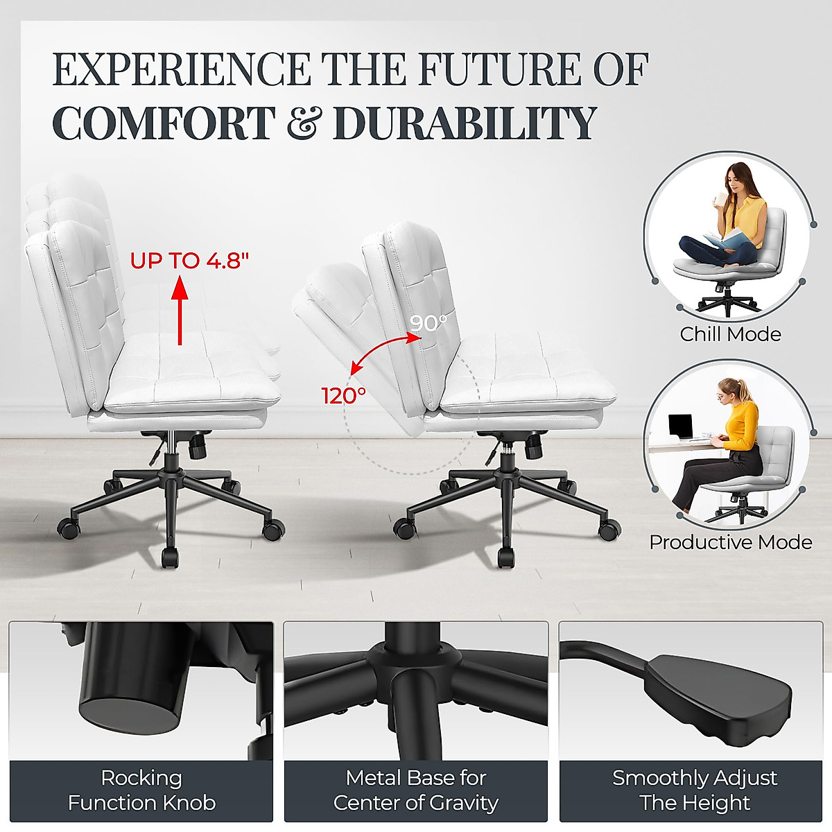 Criss Cross Desk Chair for Cross Legged Sitting, Easy to Assemble White Criss Cross Chair with Wheels - Premium Detachable Wheel and Swivel Design, Cozy Ergonomic Office Chair with Wide Comfy Seating
