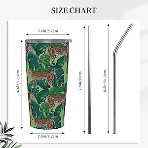 20oz Tumbler Leopard Palm Tree Leaves Double Wall Vacuum Insulated Coffee Mug with Lid and Metal Straw Brush Reusable Stainless Steel Water Bottle Travel Cup Gifts for Car Ice Drinks Hot Beverage
