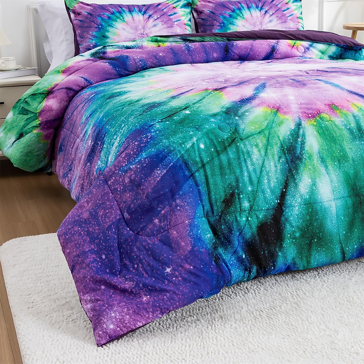 A Nice Night 6Pcs Bed in a Bag Bedding Set Tie Dye Galaxy Children Comforter Set, Psychedelic Swirl Pattern Colorful Boho, BoysGirls Quilt Sets,Purple,Full