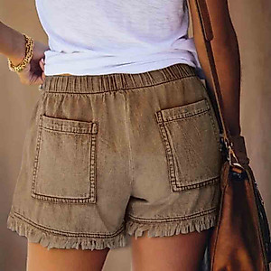 MOMEITU Women's Casual Mid Rise Denim Shorts Grunge Clothes Mid Waist Stretch Ripped Raw Hem Jean Shorts Grunge Clothes (Brown,M)