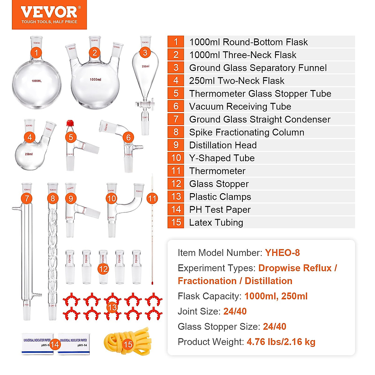 VEVOR New Laboratory Glassware 24/40 Chemistry Glassware 29PCS Chemistry Lab Glassware Kit 250 1000ml for Distillations Separation Purification Synthesis 24/40 29PCS