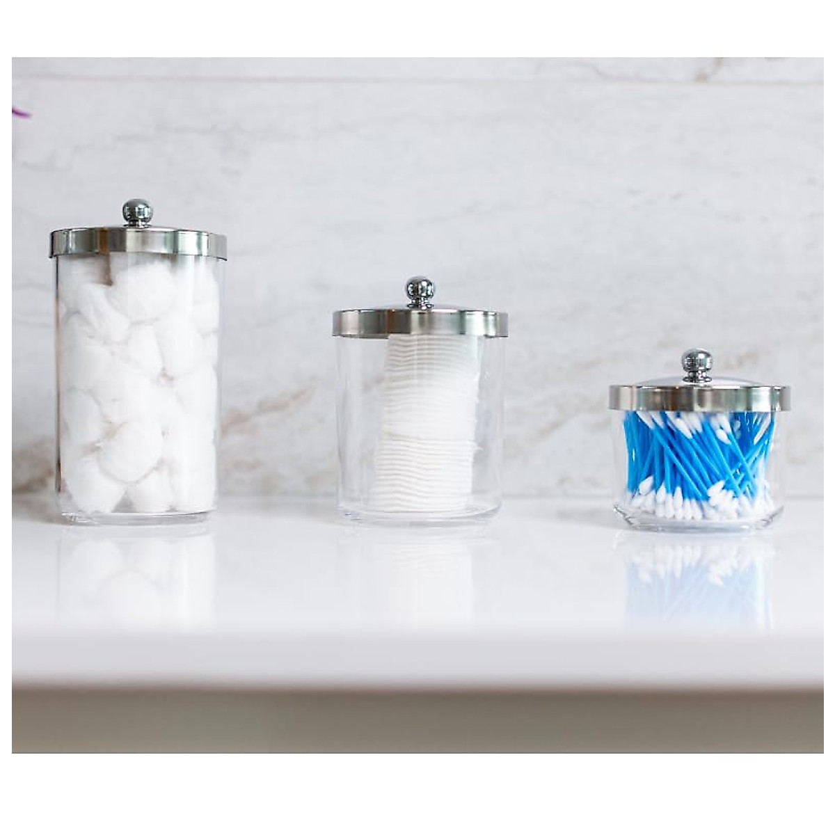 Huang Acrylic Chrome Lid Clear Cosmetic Container | Store Q-Tips, Cottonballs, Cotton Rounds | Perfect Counter Top or Shelf Storage | Large