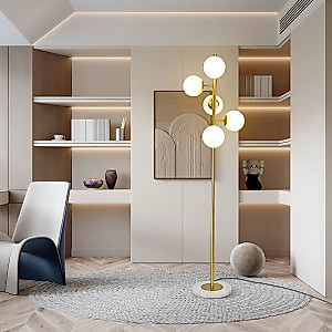 KCO Lighting 5-Light Frosted White Glass Globe Floor Lamp Mid Century Modern Gold Tall Pole Standing Light LED Standing Lamps with Foot Switch for Home Office (Gold)