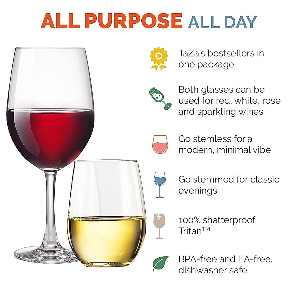 TaZa Assorted Unbreakable Wine Glasses | Stemless and With Stem | Outdoor Wine Glasses for Pool, Camping, Boating, Picnic & More | Dishwasher Safe Shatterproof Glasses Set of 8 (4 Each)