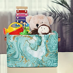 Turquoise Marble Texture Storage Baskets Bin, Teal Marble Collapsible Canvas Fabric Storage Bin Decorative Baskets Toy Organizer Rectangle Storage Boxes with Handles for Home Shelves Nursery,1Pack