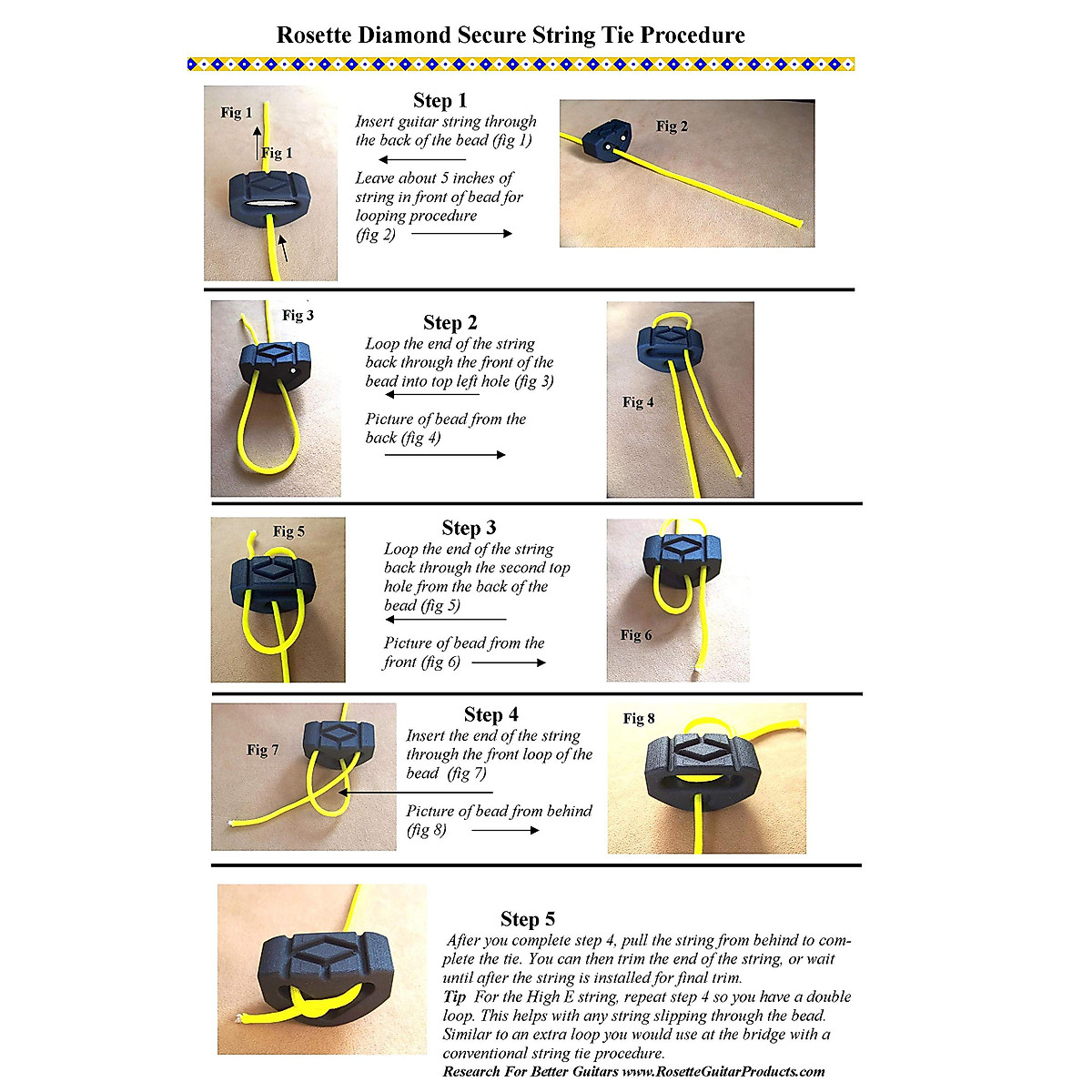 Rosette Diamond Secure Classical Guitar String Ties / New Low Profile BridgeBeads