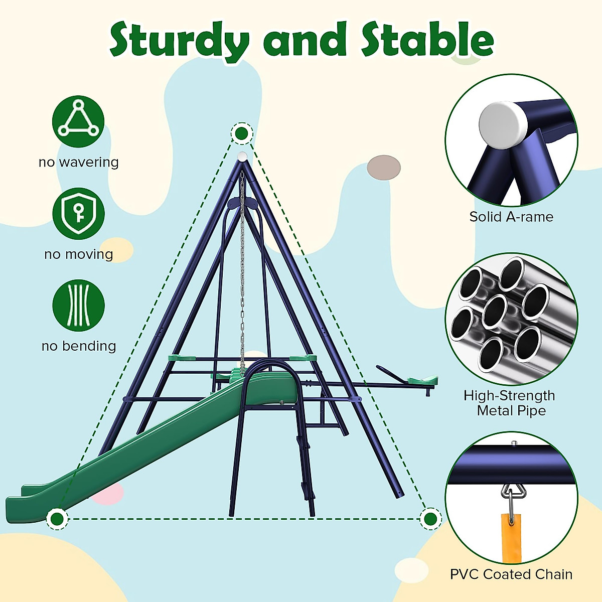 Dithoko 4 in 1 Multifunction Kids Swing Set, Metal for Backyard, Outdoor Heavy Duty Extra Large Frame with 2 Adjustable Swing, 1 Glider, 1 Slide and 1 Teeter-Totter