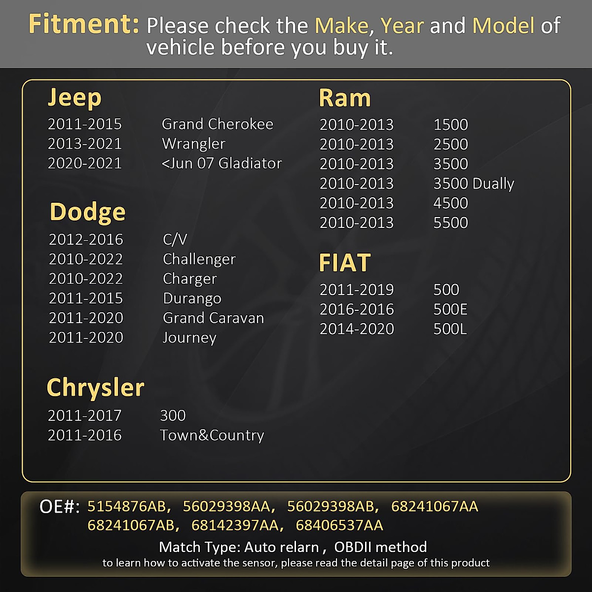 Marsflex TPMS Sensor Compatible for Jeep Grand Cherokee Dodge Ram 1500 Chrysler Fiat, Tire Pressure Monitoring System Replaces# 56029398AA, 56029398AB, 68241067AA, 68241067AB 433MHz