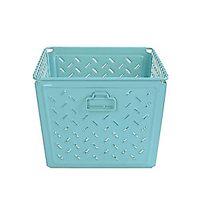 Spectrum Diversified Macklin, Stamped Steel & Wire Basket for Closet & Cubby Storage Vintage-Inspired Design with Customizable Label Plate, Large, Teal