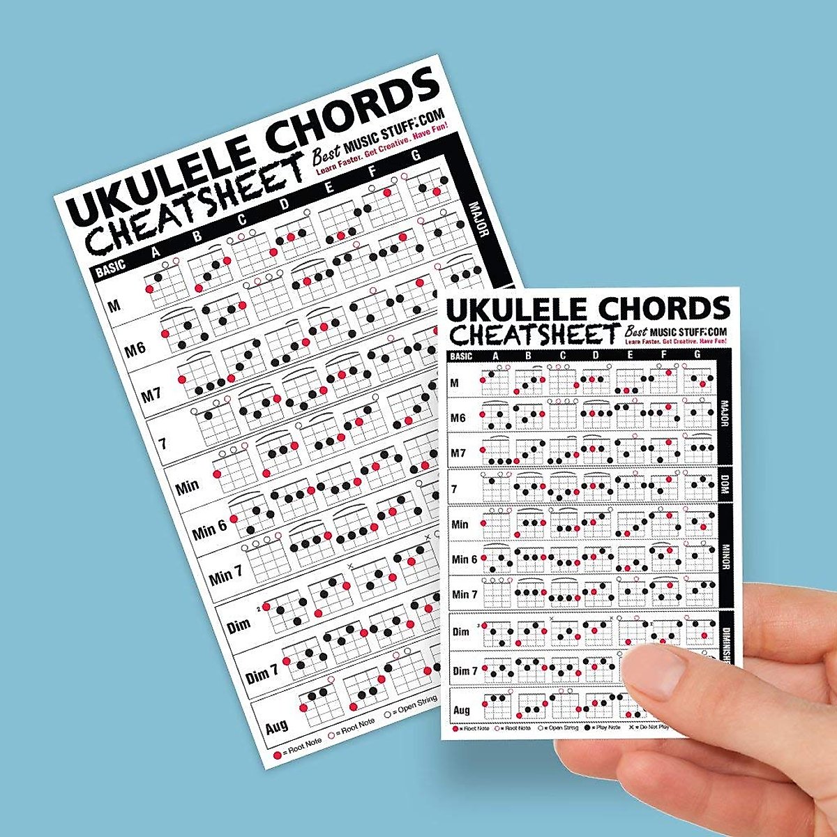 Small + Large Ukulele Chords Cheatsheet Bundle - Laminated and Double Sided Pocket Reference 4"x6" and 6"x9" • Best Music Stuff