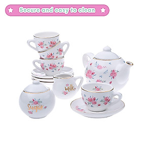 Jewelkeeper Tea Set for Little Girls - 13 pcs. Porcelain Tea set for kids Tea Time includes Teapot, 4 Tea Cup and saucers, creamer and sugar bowl. Floral design with Pink Roses tea party set