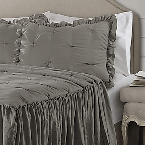 Lush Decor Ravello Pintuck Ruffle Skirt Bedspread Set - Luxe 2 Piece Ruffled Bedding Set - Traditional Glam & Farmhouse Inspired Bedroom Decor - Twin, Dark Gray