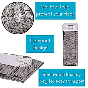 BIRDROCK HOME 22" Slim Laundry Hamper with Removable Liner Bag | Grey | Handwoven | Compact Collapsible Clothes Basket | Synthetic PE Rattan