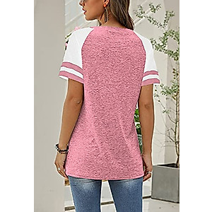 Adibosy Women Summer Casual Shirts: Short Sleeve Striped Tunic Tops - Ladies Loose Crew Neck Tee Tshirt Blouses Pink L