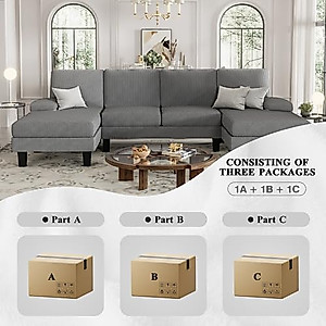 YESHOMY Sofa Sectional Comfy Couches for Living Room, Modern Deep Removable Back and Seat Cushions, 4 Seater Fluffy Sleeper with Soft Armrest, Silvery
