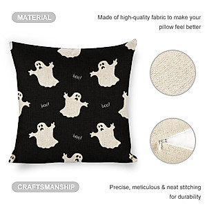 Happy Halloween Cartoon Ghosts Throw Pillow Covers 18×18 Pillowcases Set of 2 Cute Black Linen Decorative Square Pillow Case Cushion Covers Standard Size for Sofa Couch Outdoor Bed Pillow Protectors