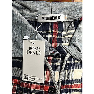BOMDEALS Women's Classic Plaid Cotton Hoodie Button-up Check Shirts (M,Gray)