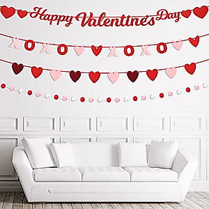 Valentines Day Home Decor, 4 Kind Valentines Day Banner, Happy Valentine's Day XOXO Red Heart Pom Banner, Felt Garland Banner for Home Wall Fireplace, Valentines Romantic Decor Special Night