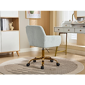 KCC Corduroy Fabric Vanity Makeup Desk Chair, Fluffy Swivel Modern Armchair with Wheels, Upholstered Fuzzy Height Adjustable for Girls Home Office, Blue