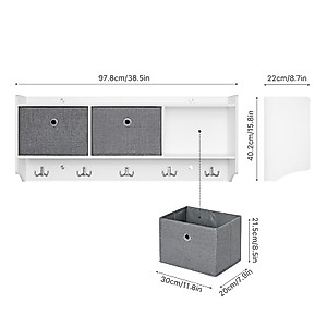 Mondeer Coat Rack with Shelf, Storage Unit Wall Mounted with 3 Baskets 5 Hooks Wooden Modern Style for Hallway Entryway Living Room, W98 x H40 x D22 cm, White