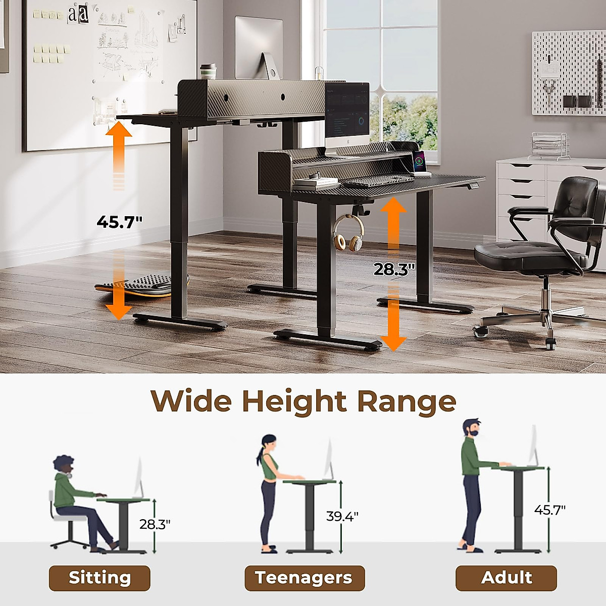 Rolanstar Standing Desk with LED Lights & Charging Station, 55" Height Adjustable Desk with Monitor Stand, Electric Gaming Desk with 2 Hooks, Sit Stand Home Office Desk, Carbon Fiber Surface Black