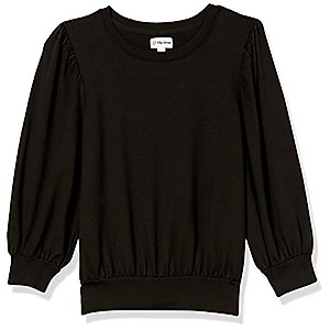The Drop Women's Leona Short Puff Sleeve Crew Neck French Terry Sweatshirt, Black, S