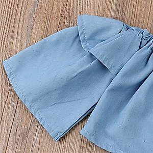 LXXIASHI 2Pcs Infant Baby Girl Denim Pants Outfits Set Ruffle Sleeves Off Shoulder Crop Tops + Fishnet Patchwork Ripped Jeans (Blue, 3-4 Years)