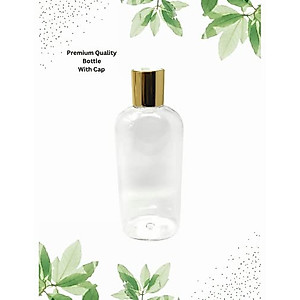 Plastic Bottles 8Oz / 250mL with Disk Top Gold Cap, Pack Of 3 bottles filling Shampoo Conditioner Lotion Oils. PET plastic, BPA free, reusable, Travel Toiletries disinfecting liquid cleaning supplies.