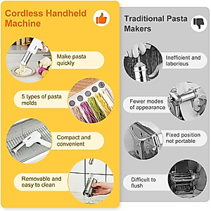 Upgrade Automatic Pasta Maker, Noodle Maker, Automatic Noodle Ejector, 5-in-1 Portable Cordless Noodle Press Maker Machine, Handheld Electric Pasta Maker Machine with Dough Cutter(Green)