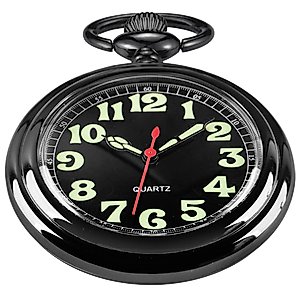 Whodoit Black Shiny Arabic Numeral Men's Quartz Pocket Watch, Pocket Watches Gift Quartz Movement for Men with Chain-Black