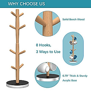 ONEDONE Mug Tree, Coffee Mug Holder 3-in-1 Coffee Mug Tree for Counter 22" Height Adjustable Solid Wood Coffee Cup Holder Anti-tip Coffee Mug Stand with 0.8" Thick Acrylic Bases (Black & Clear)