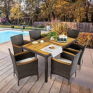 VINGLI 7 Pieces Patio Dining Set, Acacia Wood Patio Furniture Outdoor Dining Set for 6 Patio Dining Table for Garden and Yard