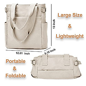 Women’s Lightweight Canvas Tote Purse with Zipper and Pockets for Work School Shoulder Bags