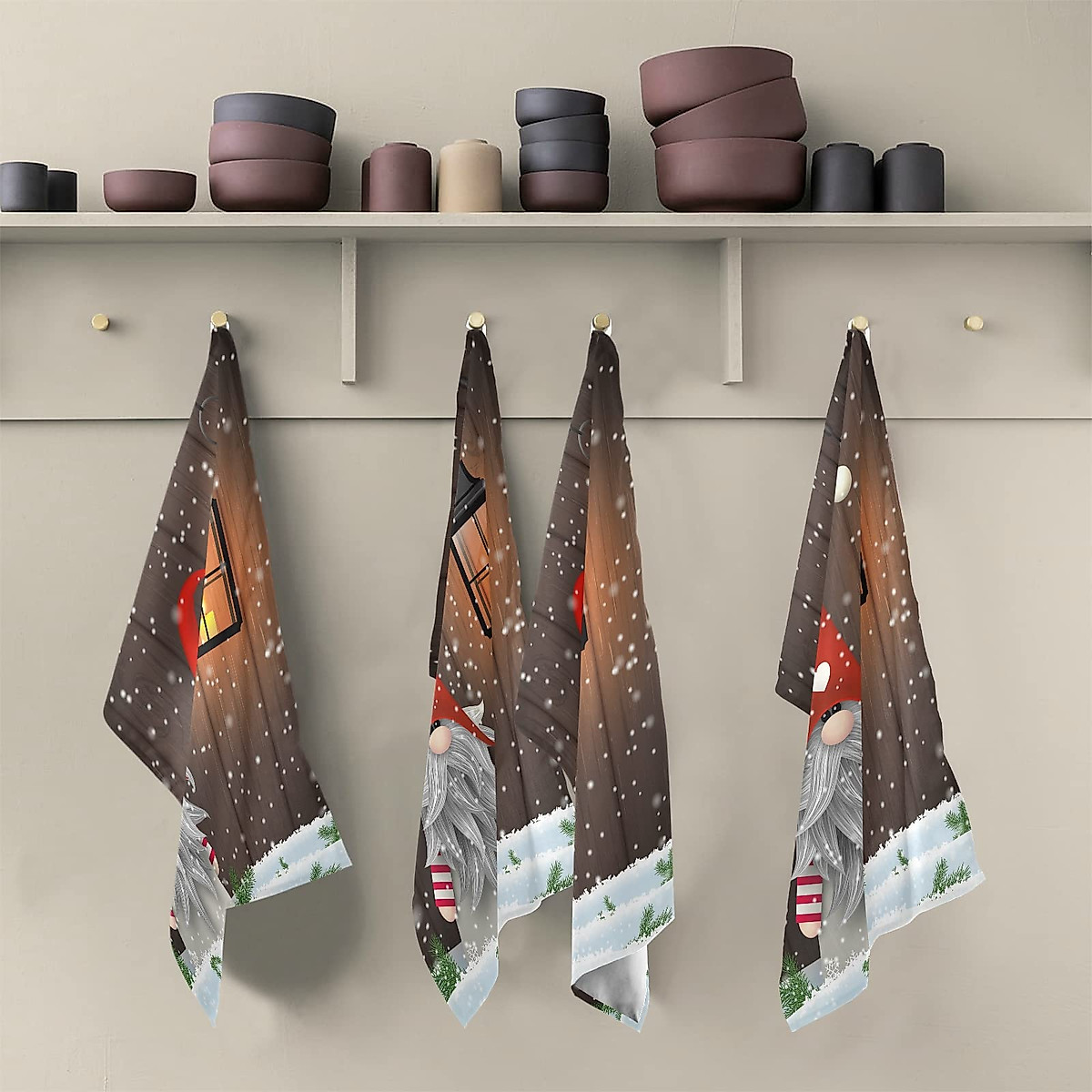 Winter Gnomes Lantern Kitchen Dish Towels Set of 4, Dwarfs Snowflake Landscape Dishcloths Absorbent Lint-Free Towel 18x28Inch Drying Clean Cloths Home Daily Use