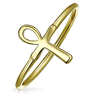 Minimalist 14K Gold Plated .925 Sterling Silver Midi Knuckle 1MM Band Stackable Ankh Cross Egyptian Symbol Of Life Ring
