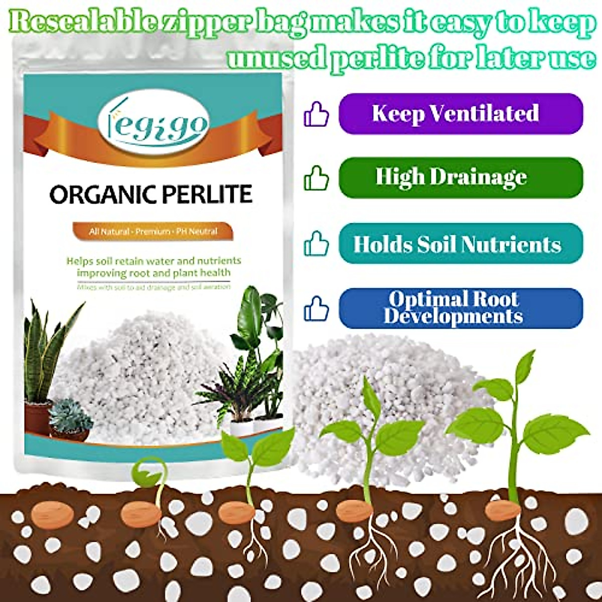 Legigo 8 Quarts Organic Horticultural Perlite for Plants Indoor- Natural Horticultural Soil Additive Conditioner Mix for Improves Drainage, Ventilation and Root Growth