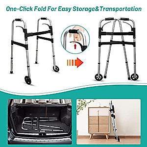 Nurhome Compact Folding Walker with Trigger Release and 5" Wheels Walker for Senior Lightweight Adjustable Height Supports up to 350 lbs
