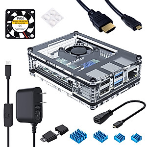 Miuzei Case for Raspberry Pi 4 with Fan, 3A USB-C Power Supply, 1.5M Micro HDMI Cable, HDMI-Micro HDMI Adapter, 4 Aluminum Heat Sinks, USB Card Reader (Raspberry Pi 4 Not Included